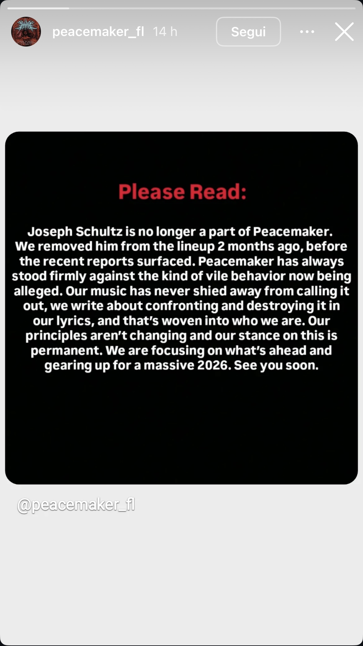Peacemaker FL part ways with guitarist Joseph Schultz - Chaoszine